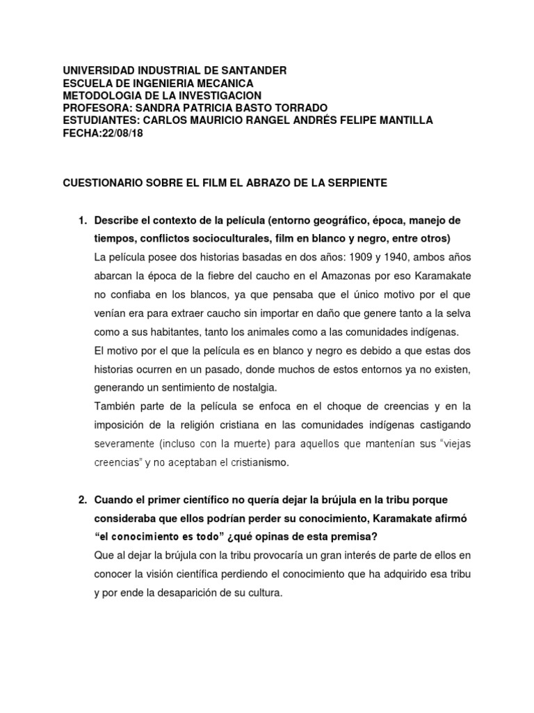 Cuestionario Sobre El Film El Abrazo de La Serpiente | PDF | Selva ...
