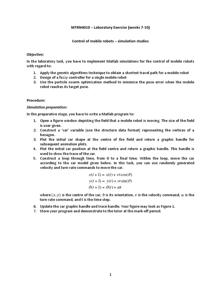MTRN4010 - Laboratory Exercise (Weeks 7-10) Control of Mobile Robots - Simulation Studies ...