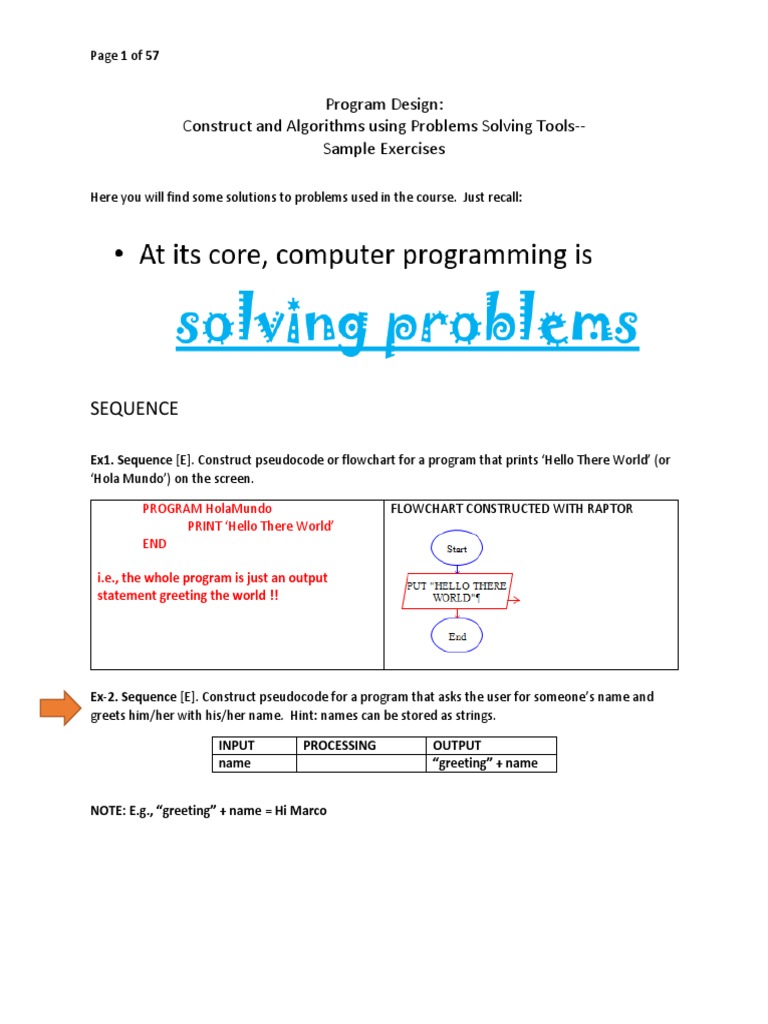 Program Design: Construct and Algorithms Using Problems Solving Tools - Sample Exercises | PDF ...
