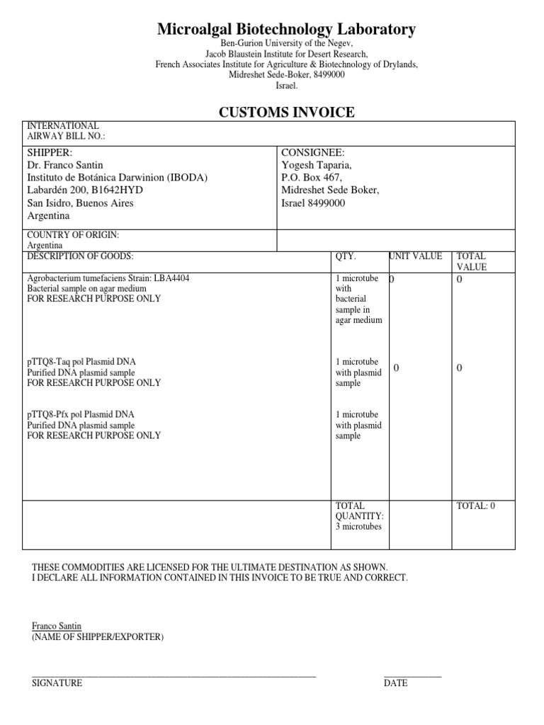 Customs Invoice | PDF | Biochemistry | Chemistry