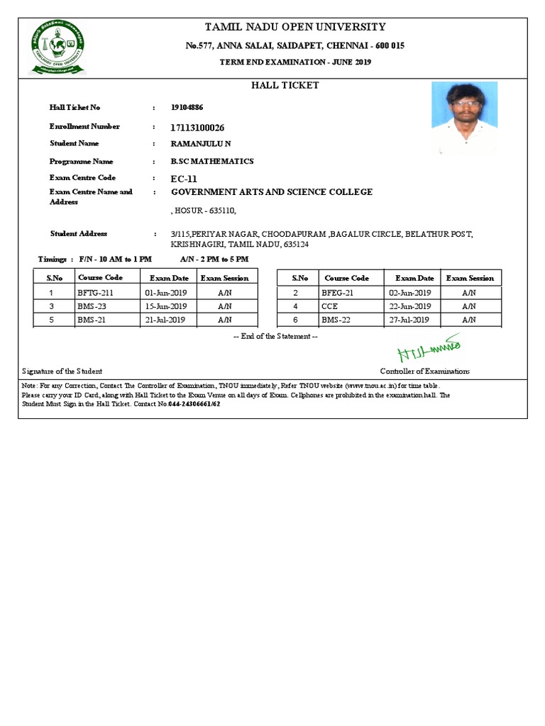 TNOU Term End Exam June 2019 - HallTicket - 17113100026 | PDF