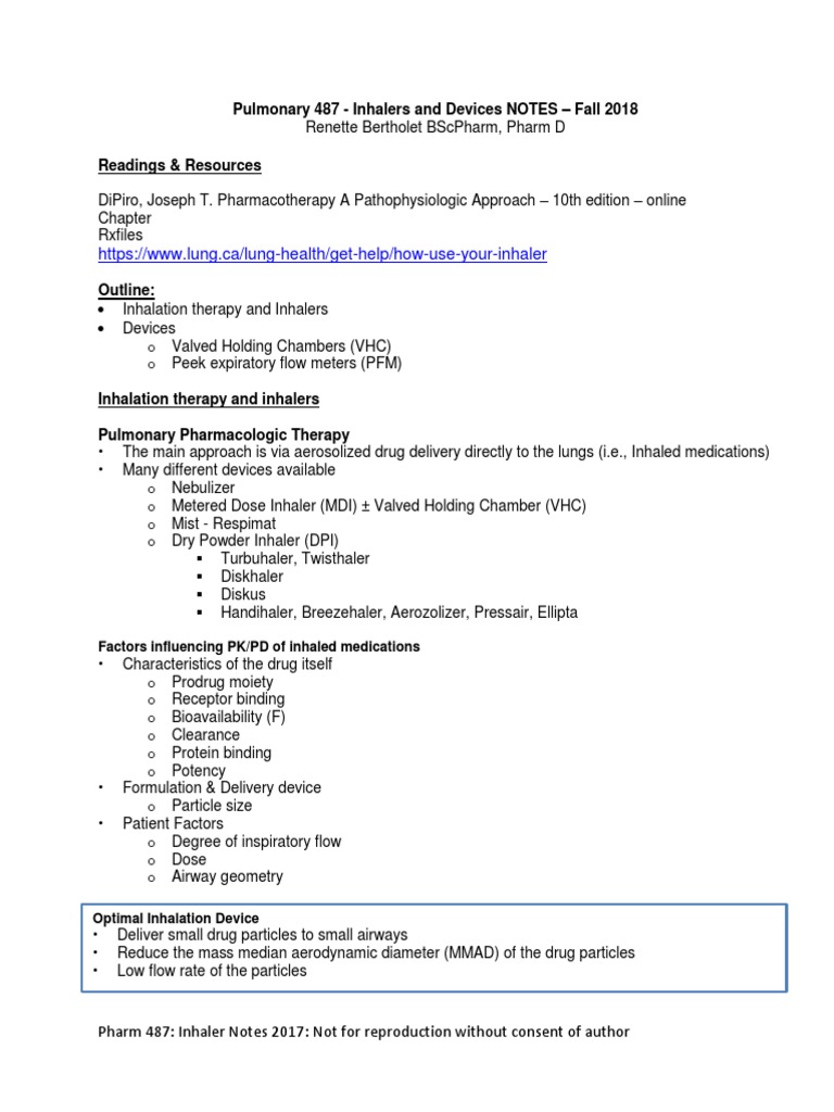 Inhalers Devices Notes 2018 | PDF | Therapy | Pharmacy