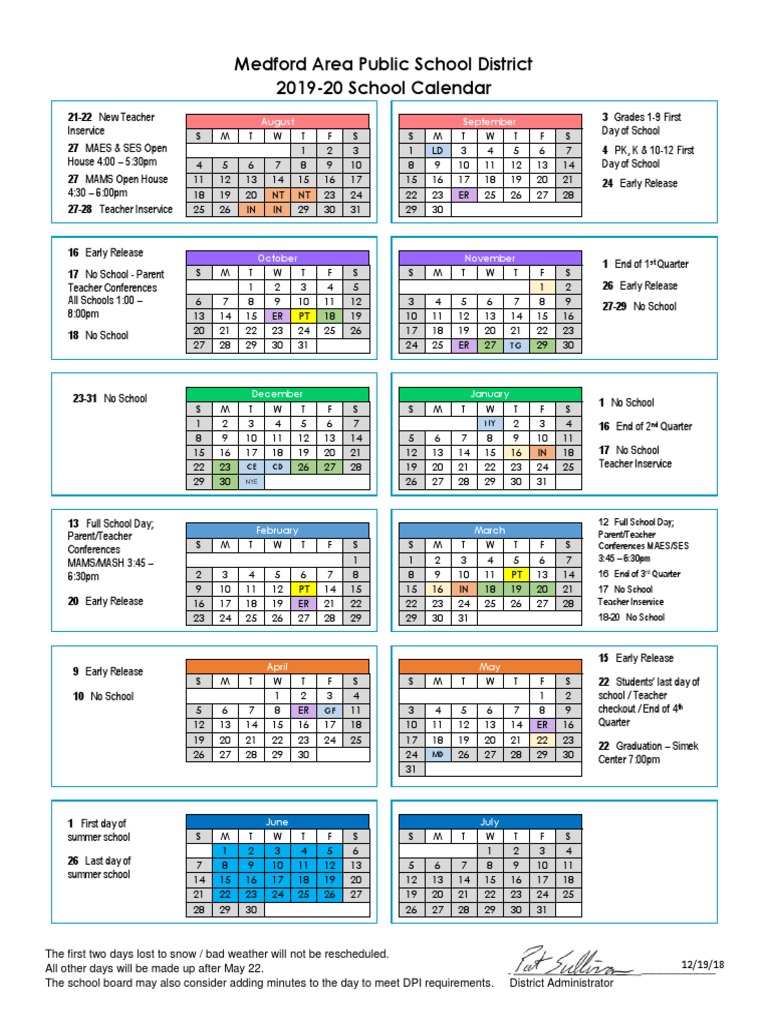 Medford School District 2019-20 Calendar | PDF