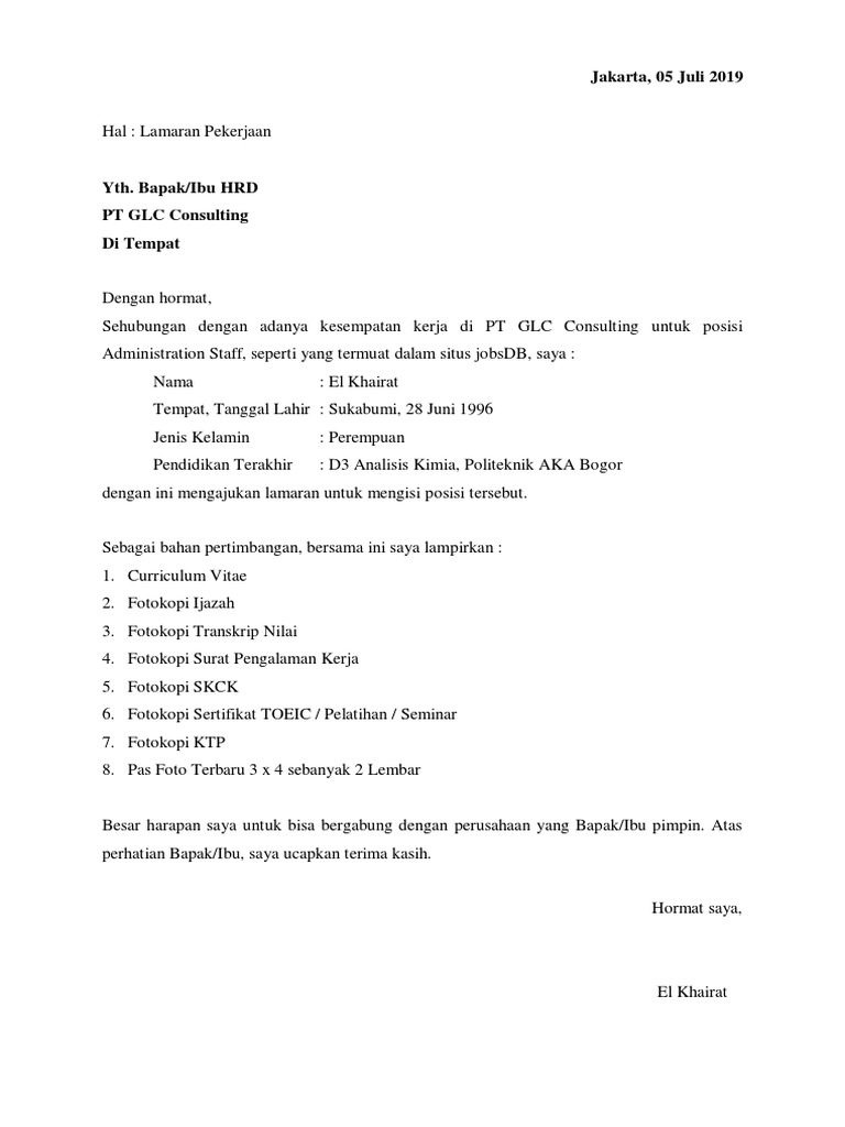 Surat Lamaran PT GLC Consulting - El Khairat | PDF