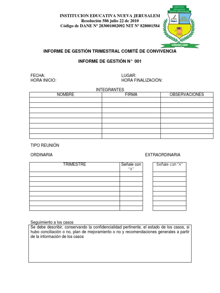Formato Informe de Gestion Trimestral Comite de Convivencia | PDF