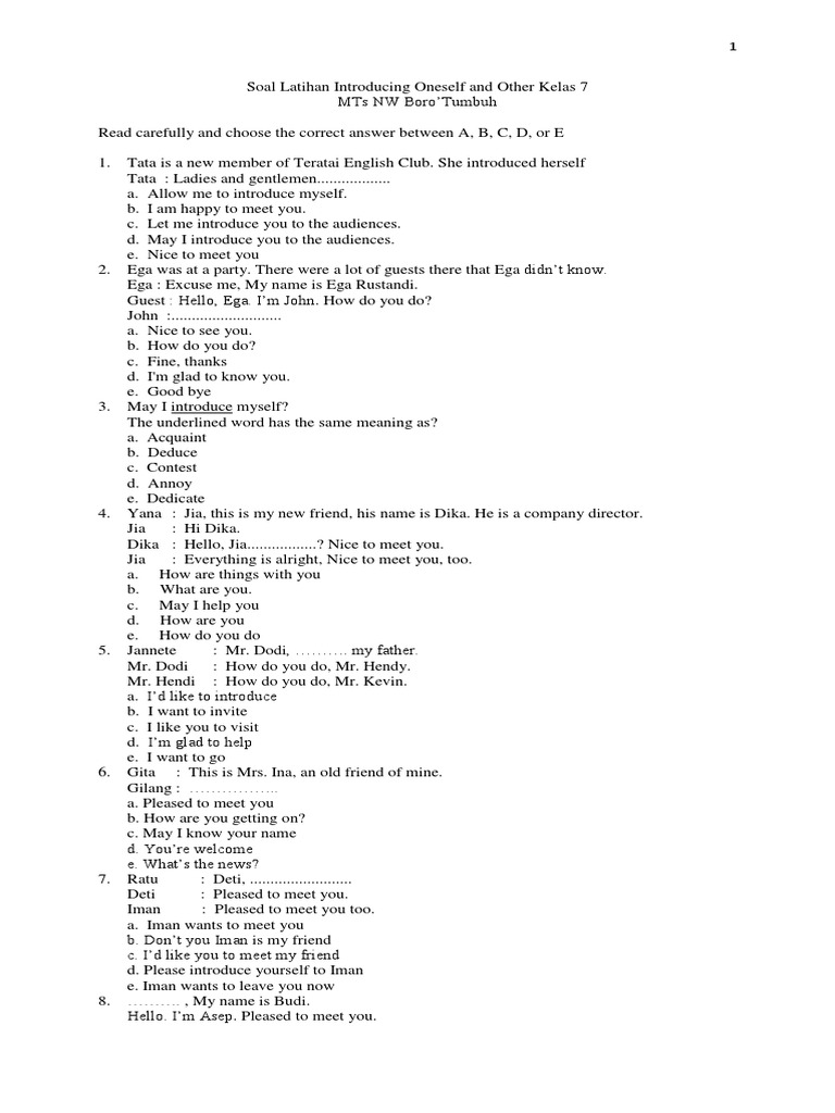Soal Introducing Oneself and Other Kelas 7 | PDF Soal Introducing Oneself and Other Kelas 7 | PDF
