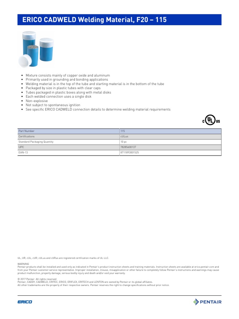 ERICO CADWELD Welding Material, F20 - 115 | Descargar gratis PDF ...