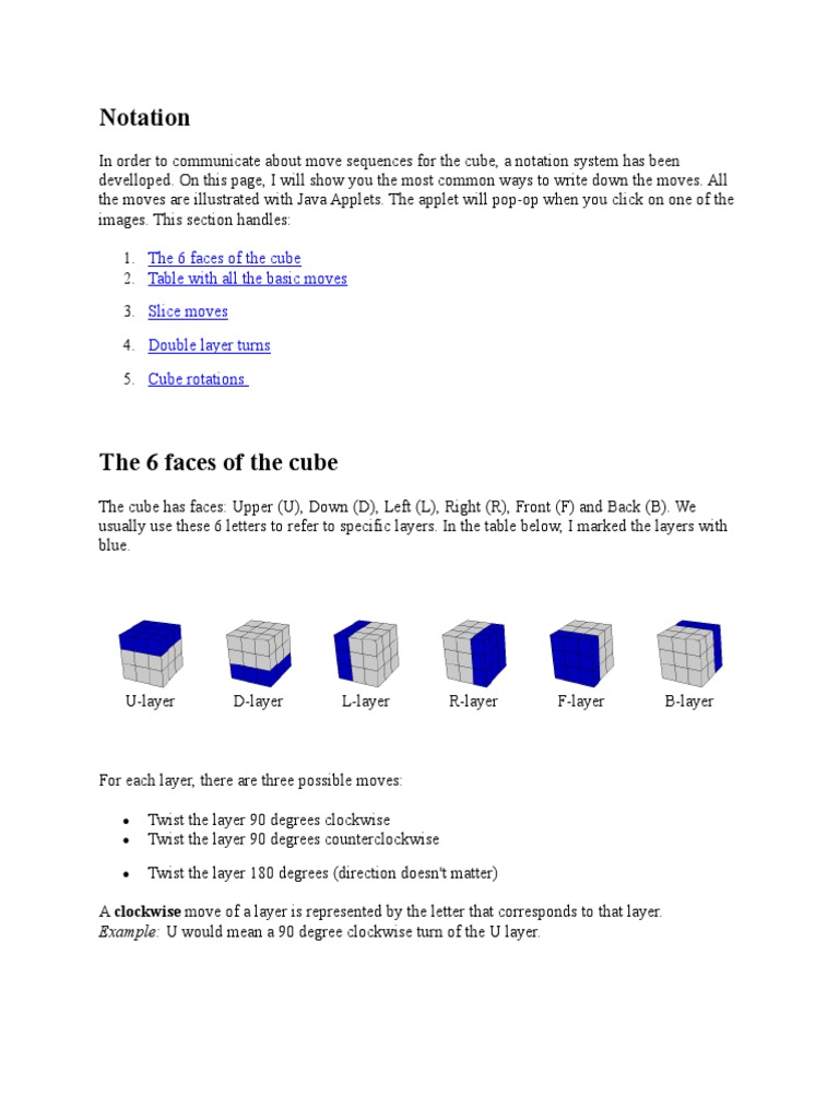 Notation: The 6 Faces of The Cube Table With All The Basic Moves Slice ...