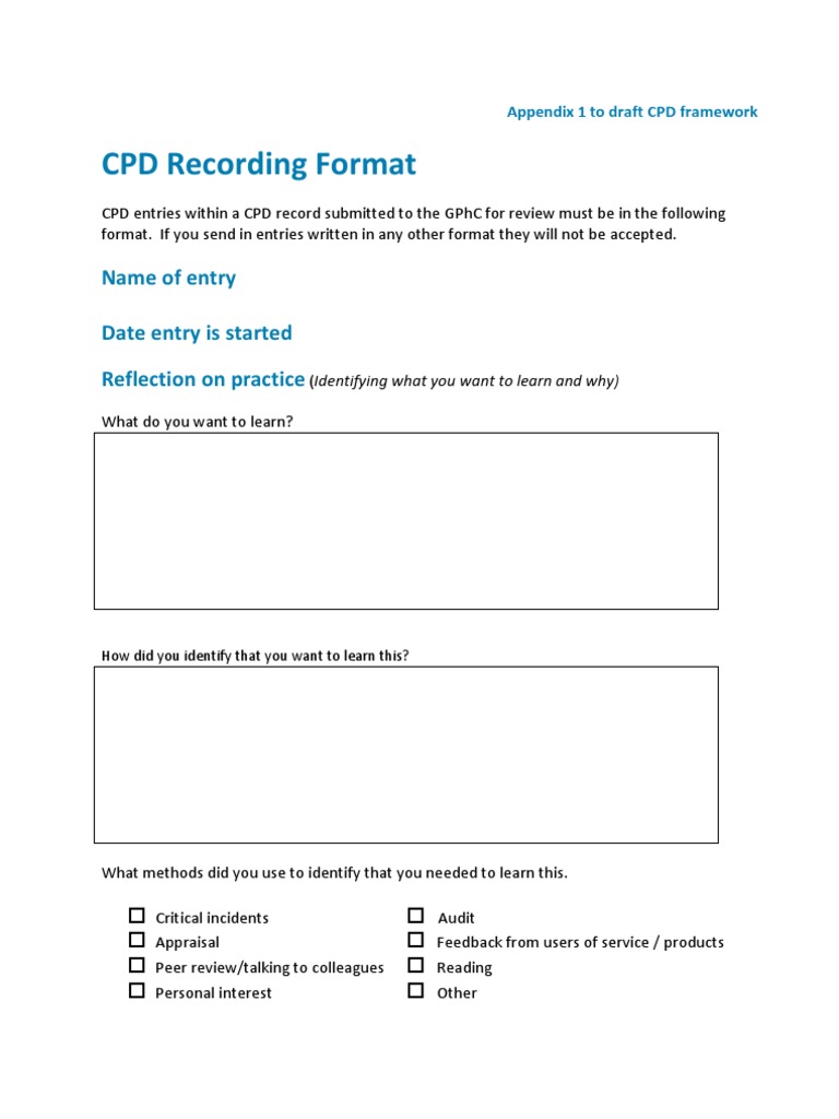 GPHC: CPD Recording Format | PDF | Cognition | Behavior Modification