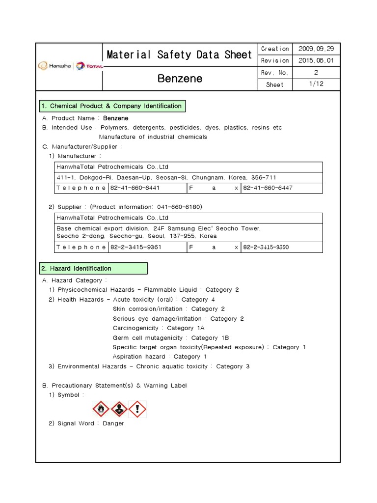 Benzene MSDS | PDF | Firefighting | Combustion