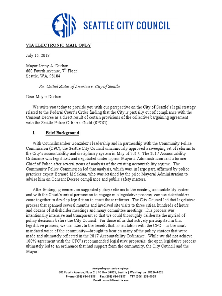 Seattle City Council Letter To Mayor Durkan | PDF | Negotiation ...