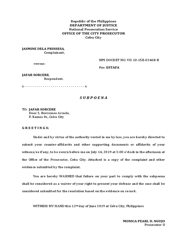 Subpoena Estafa | PDF | Service Of Process | Virtue