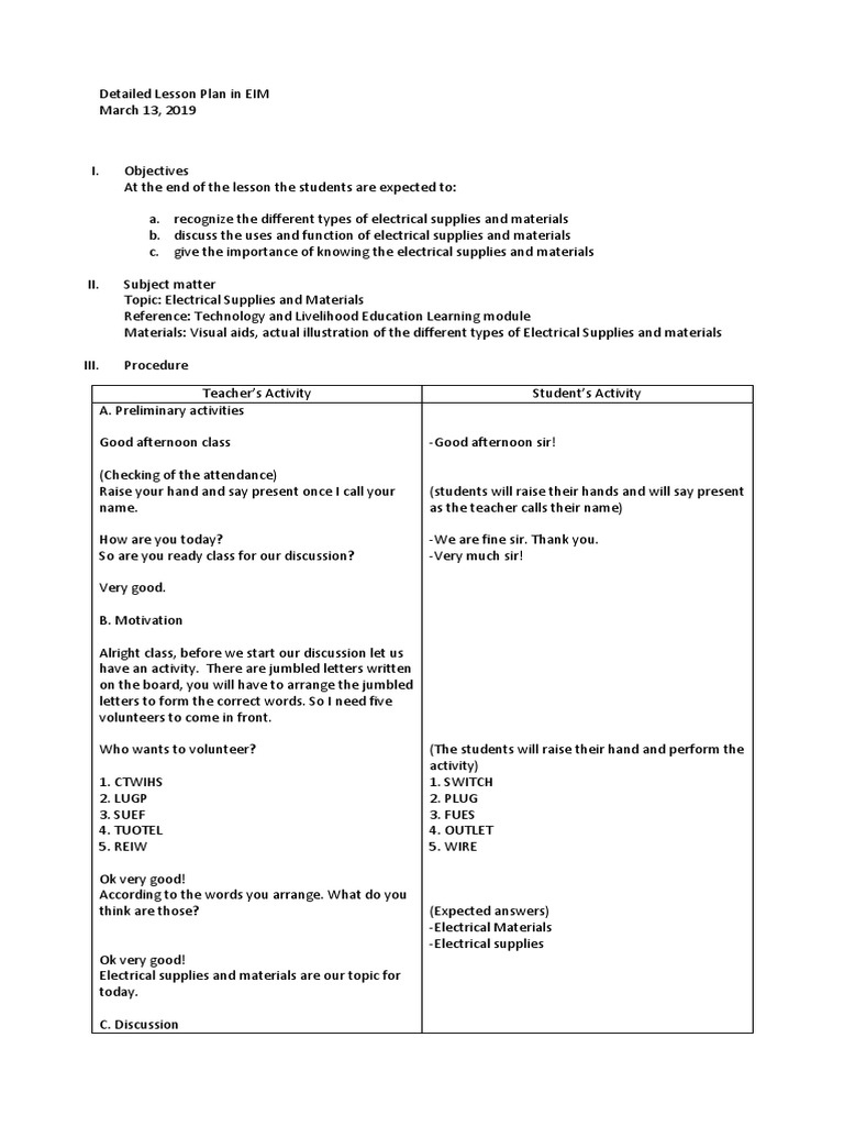 Detailed Lesson Plan in Grade 8 EIM | Download Free PDF | Electrical Connector | Components