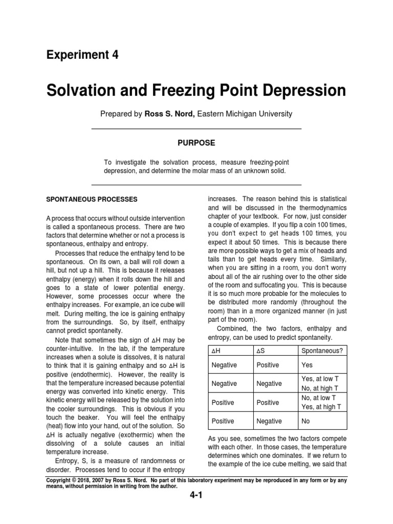 Solvation and Freezing Point Depression: Experiment 4 | PDF | Solvation ...