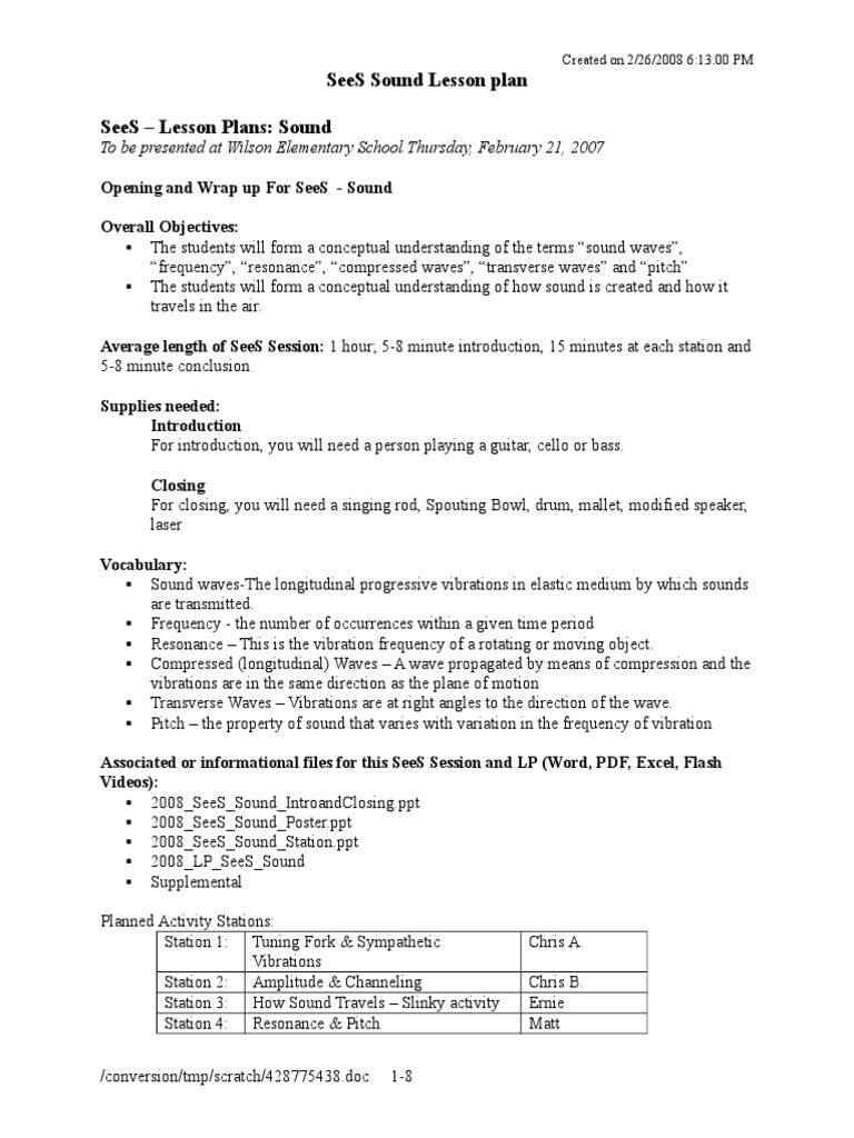 Sees Sound Lesson Plan Sees - Lesson Plans: Sound | PDF | Sound ...