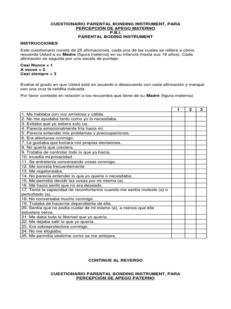 Cuestionario Parental Bonding Instrument | Descargar gratis PDF ...