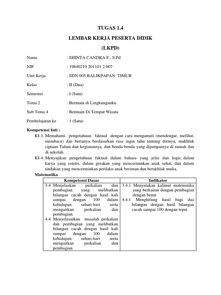 TUGAS 1.4 LKPD Kelas 2 Tema 2 SubTema 4 Pembelajara1 | PDF