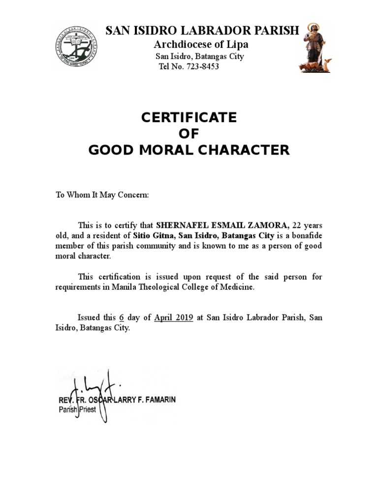 Good Moral Certificate from San Isidro Parish | PDF