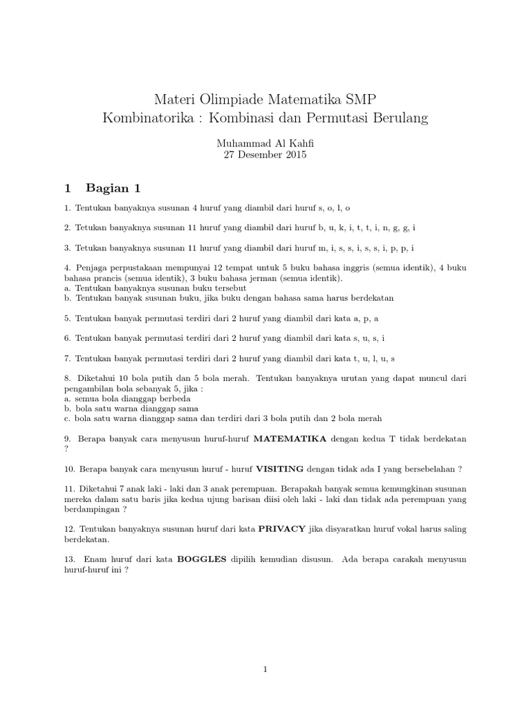 Kombinasi Dan Permutasi Berulang PDF | PDF