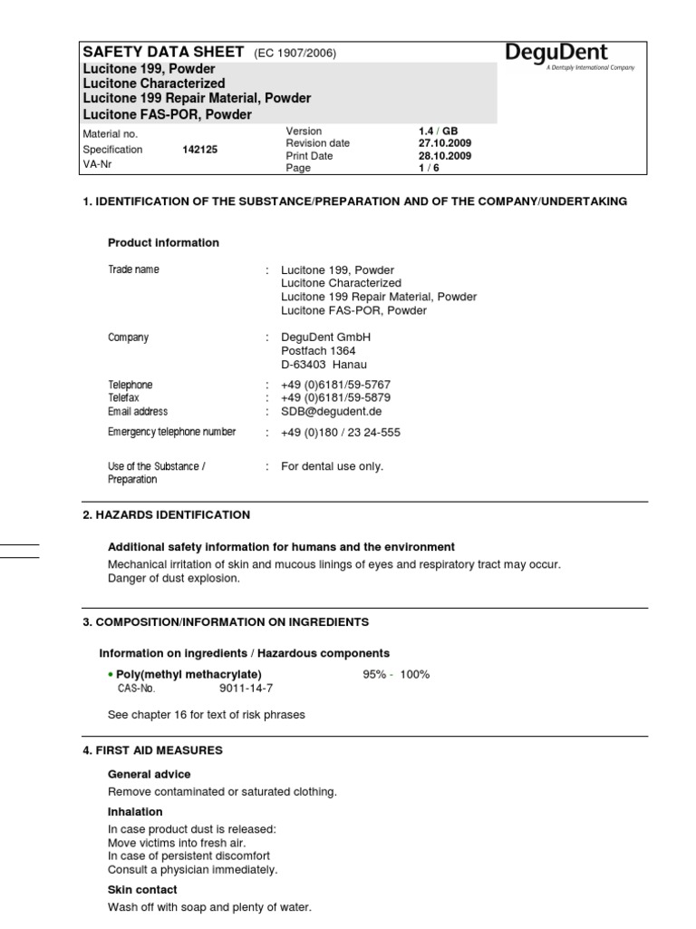 Lucitone 199 Powder Safety Data | PDF | Water | Carbon