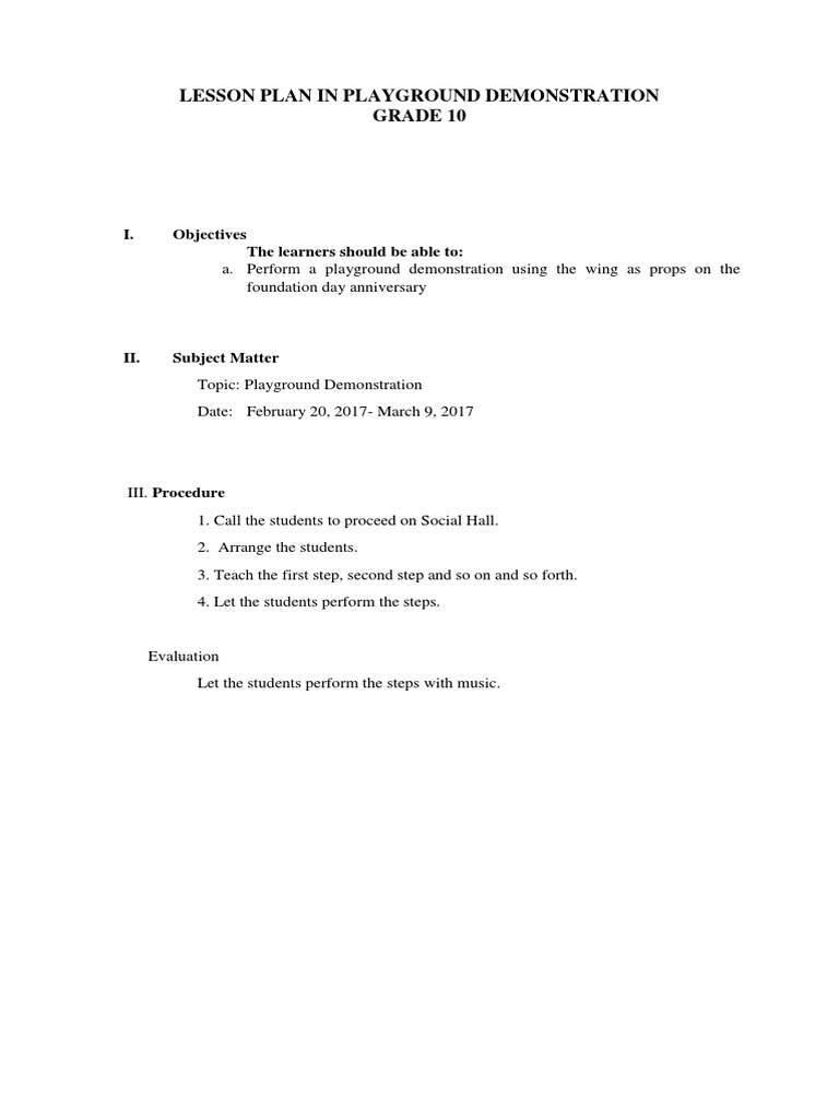 Lesson Plan in Playground Demonstration | PDF