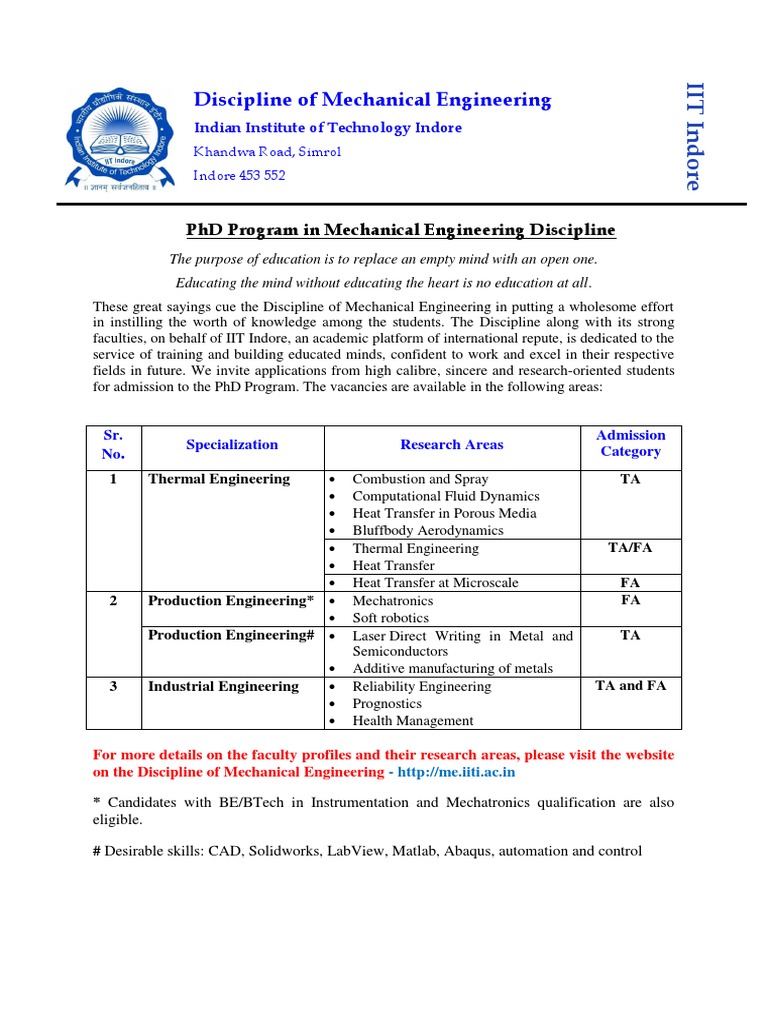 PhD Admissions in Mechanical Engineering | PDF | Mechanical Engineering ...