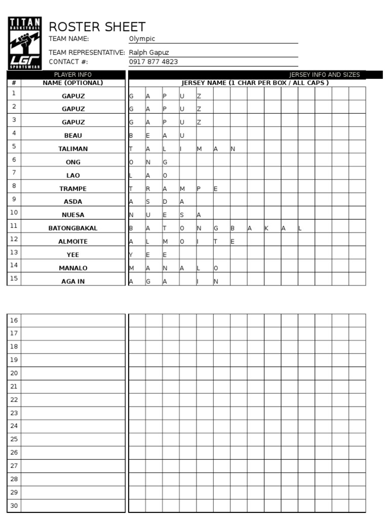 Olympic Team Jersey Roster Sheet | PDF