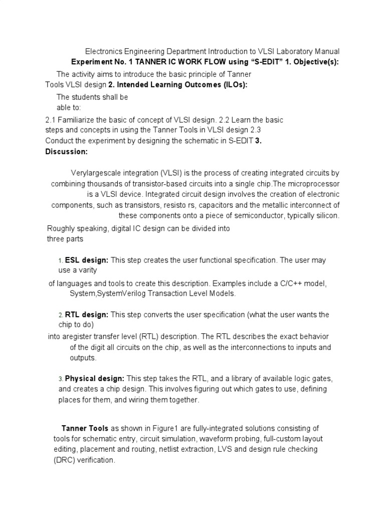 Experiment No. 1 TANNER IC WORK FLOW Using "S-EDIT" 1. Objective(s ...