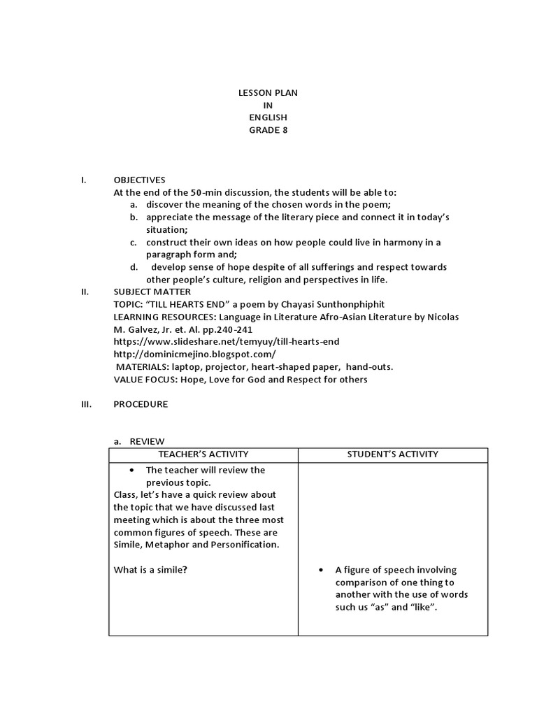 Understanding "Till Hearts End" Poem | PDF | Lesson Plan | Metaphor