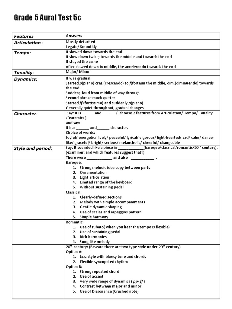 Grade 5 Aural Test 5c: Features Articulation: Tempo | PDF | Harmony | Tempo