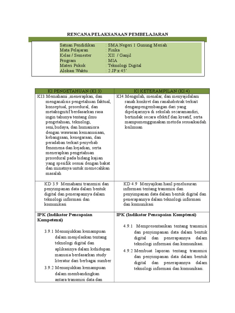 RPP Teknologi Digital Kelas 12 Fisika | PDF