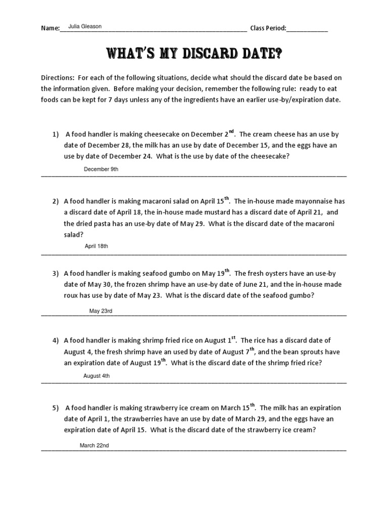Discard Date Calculation Worksheet | PDF | Foods | Cuisine