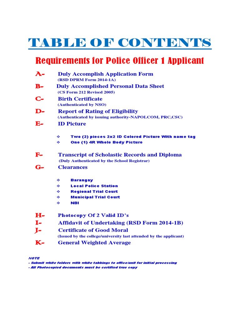 Requirements For Police Officer 1 Applicant: A-B - C - D - E | PDF
