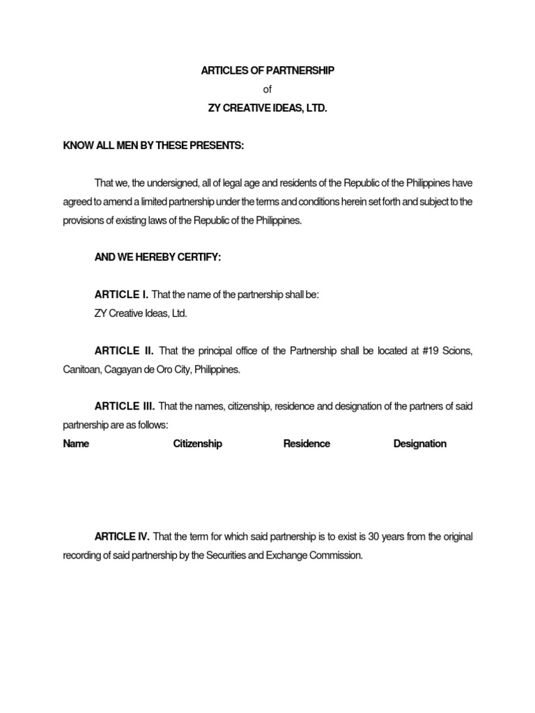 Sample Article of Partnership Philippines | PDF | Common Law | Virtue