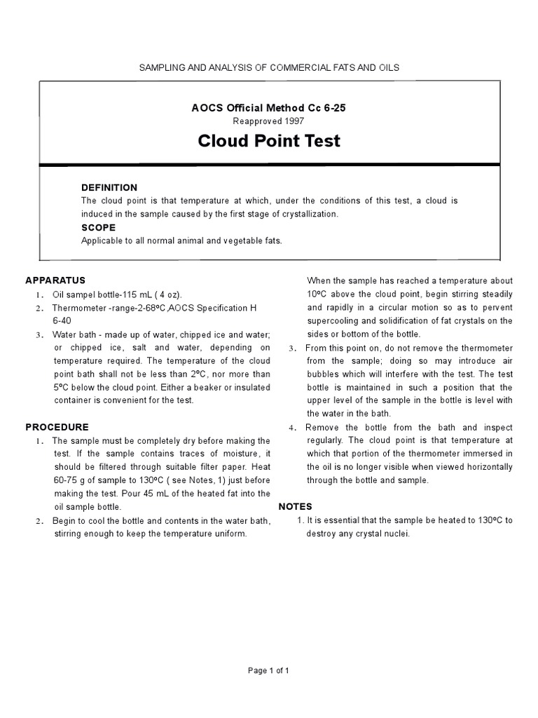 Cloud Point Test: AOCS Official Method CC 6-25 | PDF | Cloud | Ice