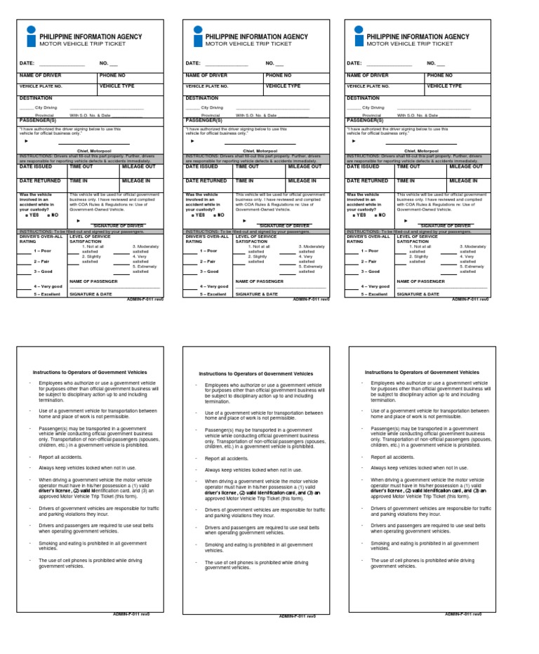 Government Vehicle Trip Ticket Form | PDF | Driver's License | Seat Belt