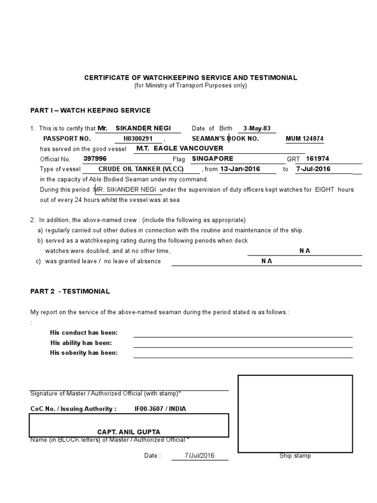 Watchkeeping Service Certificate for Sikander Negi | PDF | Oil Tanker ...