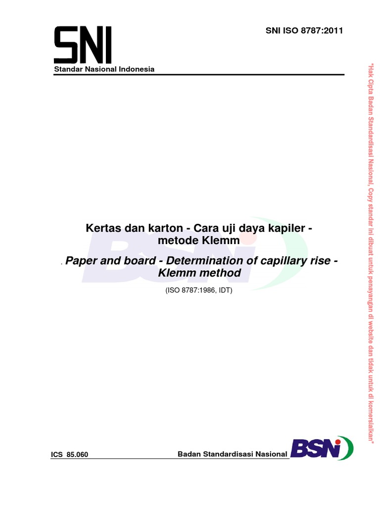 Sni Iso 8787 2011 Cara Uji Daya Kapiler Karton Pdf