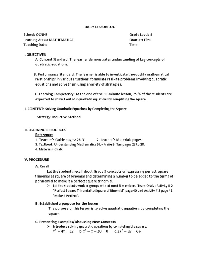 DLL Grade 9 Math-Completing The Squares | PDF | Quadratic Equation ...