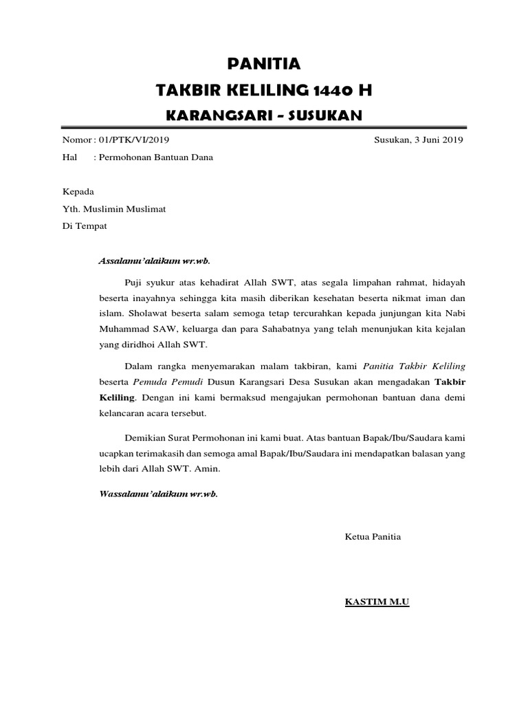 Contoh Surat Permohonan Bantuan Dana Takbir Keliling | PDF