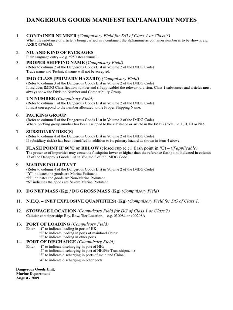 Dangerous Goods Manifest Explanatory Notes | PDF | Dangerous Goods | Nature