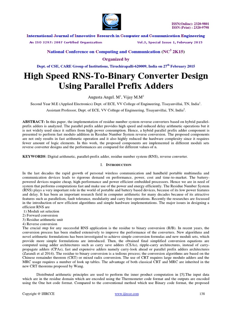 High Speed RNS-To-Binary Converter Design | Download Free PDF | International Standard Serial ...