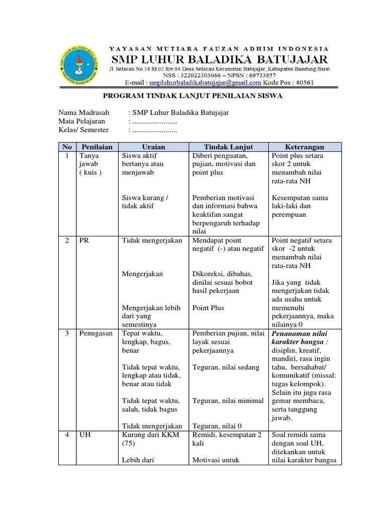 Program Tindak Lanjut Penilaian Siswa | PDF