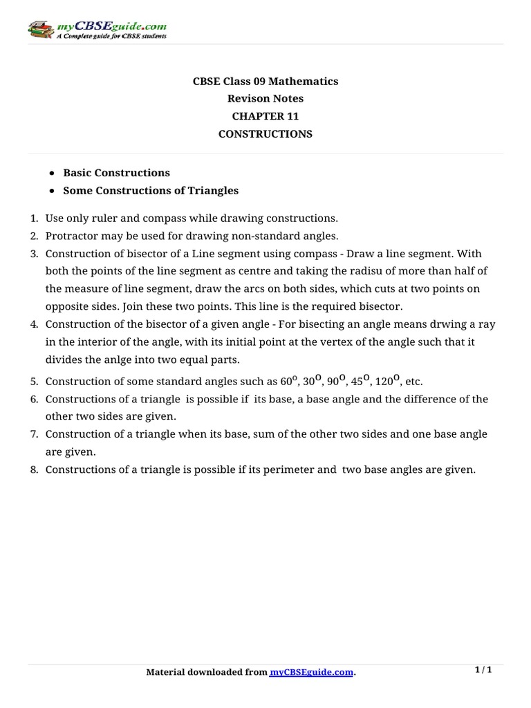 09 Maths Key Notes CH 11 Constructions | PDF