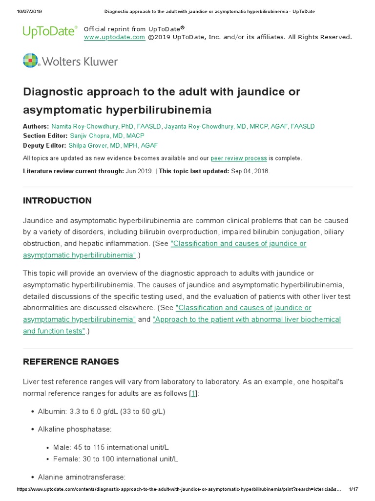 Diagnostic Approach To The Adult With Jaundice or Asymptomatic ...