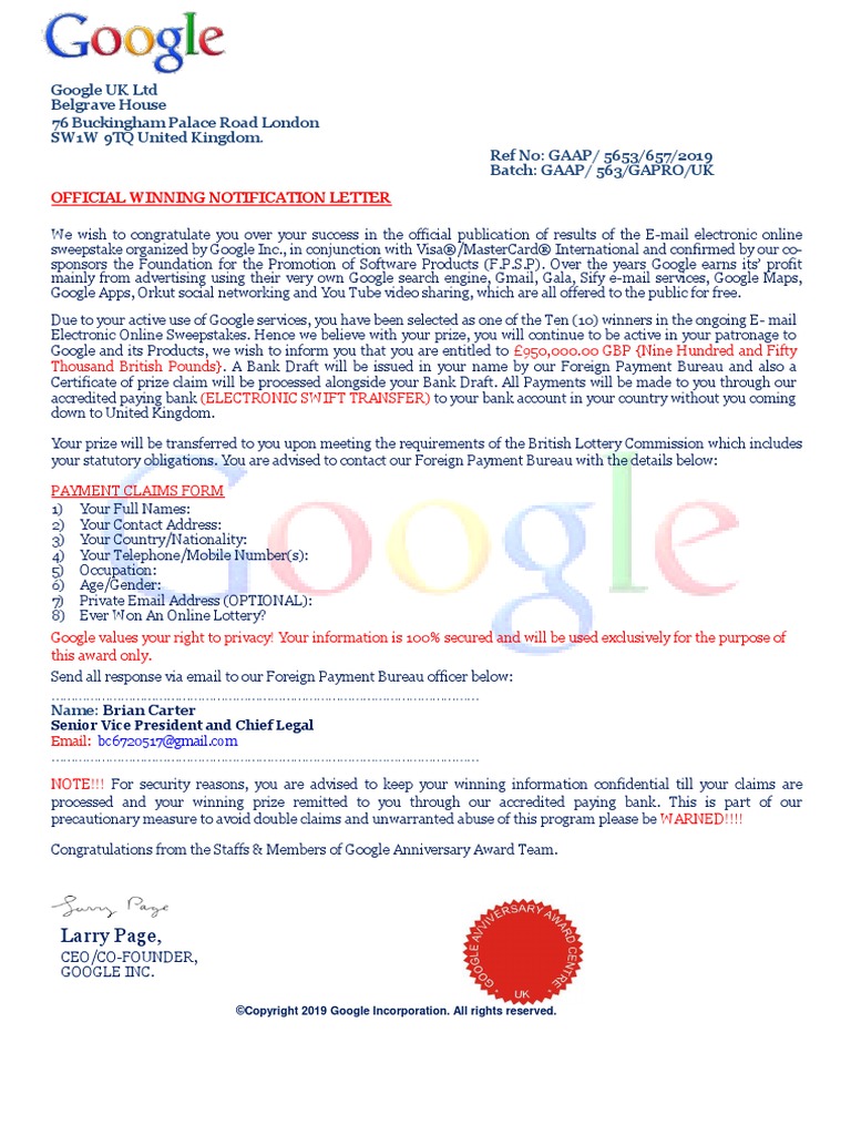 Winning Notification Letter | PDF | Cyberspace | World Wide Web