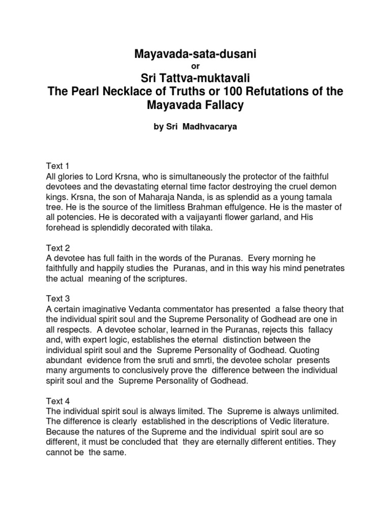 Mayavada-Sata-Dusani Sri Tattva-Muktavali The Pearl Necklace of Truths ...