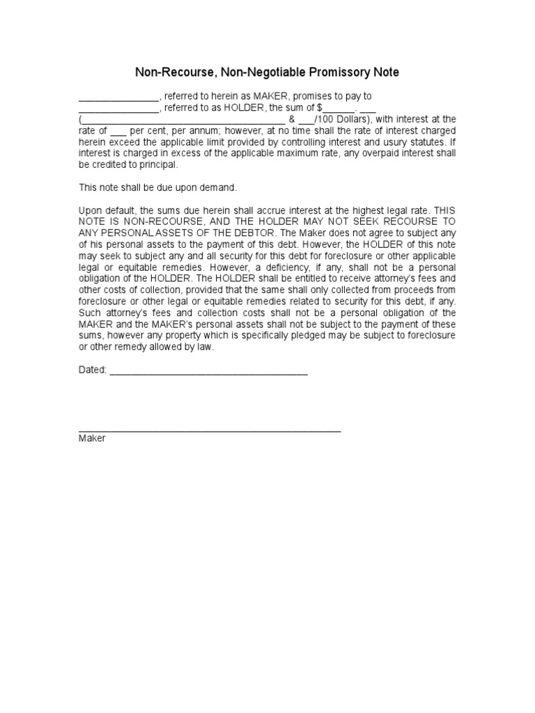 Note, Non-Recourse & Non-Negotiable | PDF