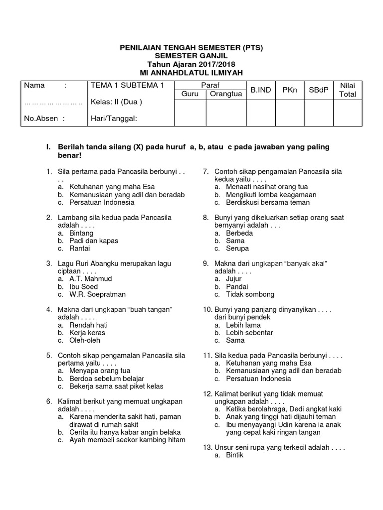 PTS Kelas 2 Tema 1 ST 1 | PDF
