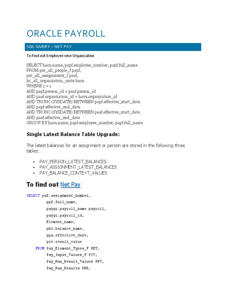 Oracle Payroll - SQL Queries | PDF | Proprietary Software | Databases